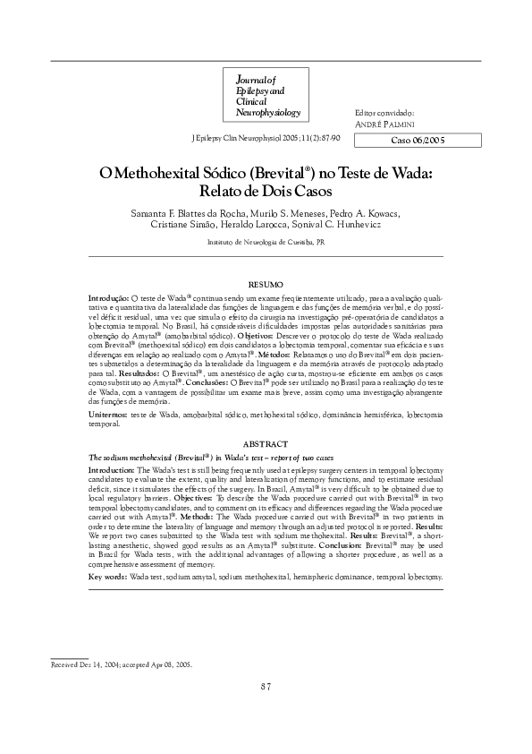 (PDF) O methohexital sódico (Brevital®) no teste de Wada: relato de ...