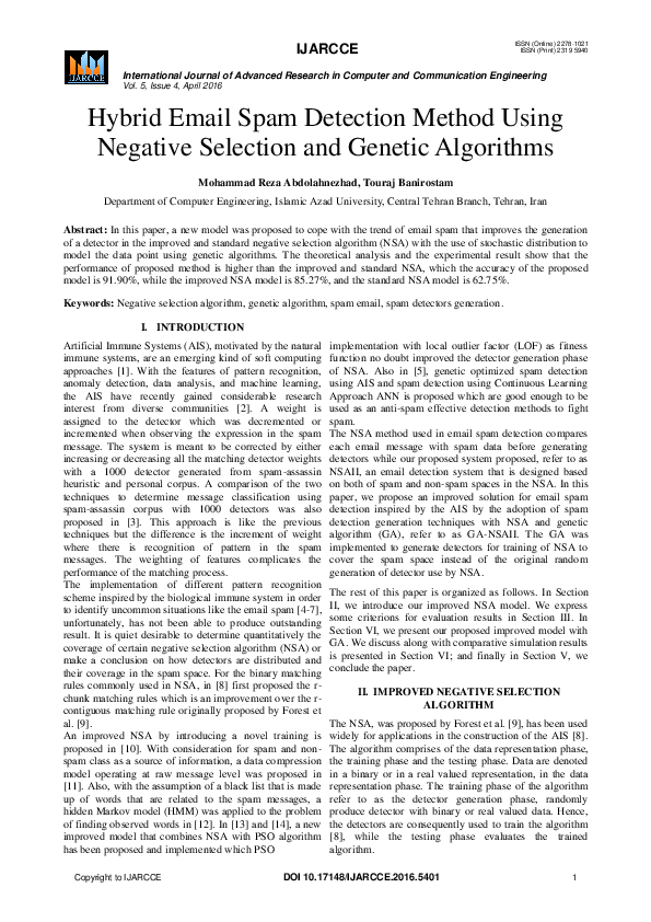(PDF) Hybrid Email Spam Detection Method Using Negative Selection and Genetic Algorithms