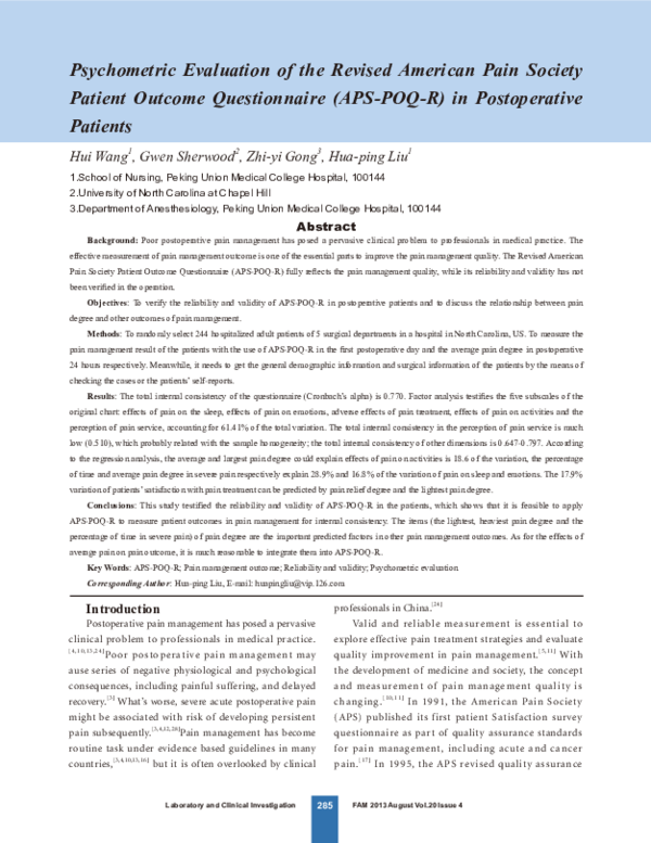 (PDF) Psychometric Evaluation of the Revised American Pain Society ...