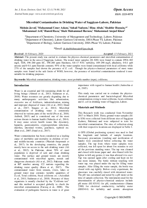 (PDF) Microbial Contamination in Drinking Water of Saggiyan-Lahore, Pakistan