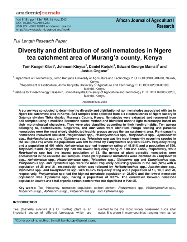 (PDF) Diversity and distribution of soil nematodes in Ngere tea ...