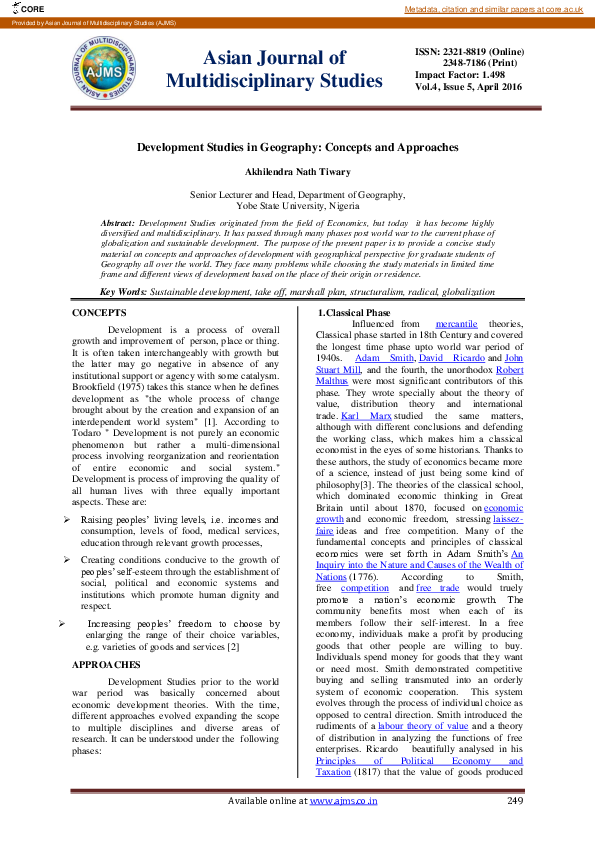 (PDF) Development Studies in Geography: Concepts and Approaches