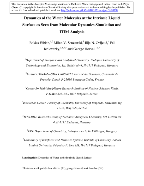 Pdf Dynamics Of The Water Molecules At The Intrinsic Liquid Surface As Seen From Molecular