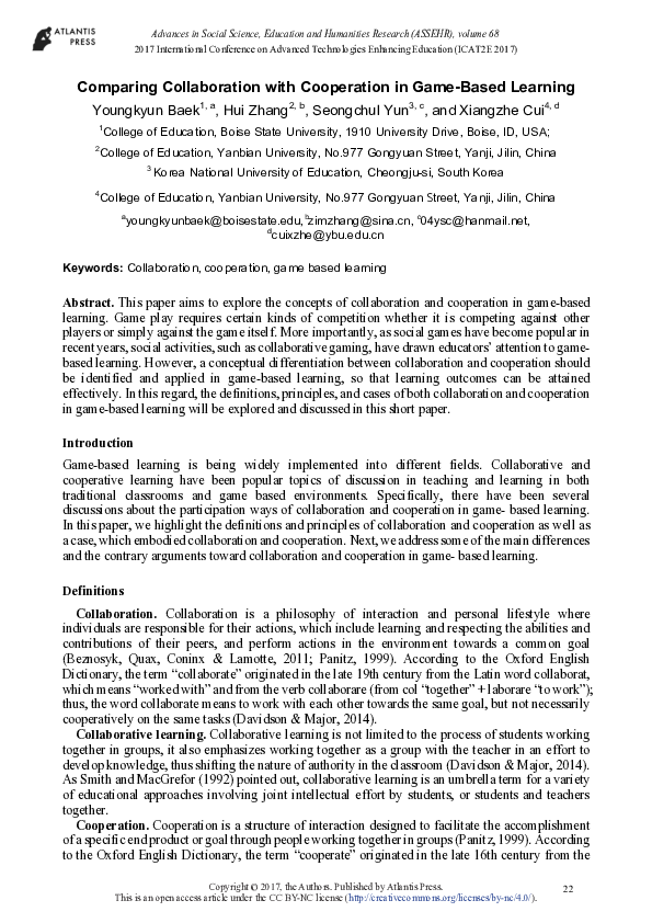 (PDF) Comparing Collaboration with Cooperation in Game-Based Learning
