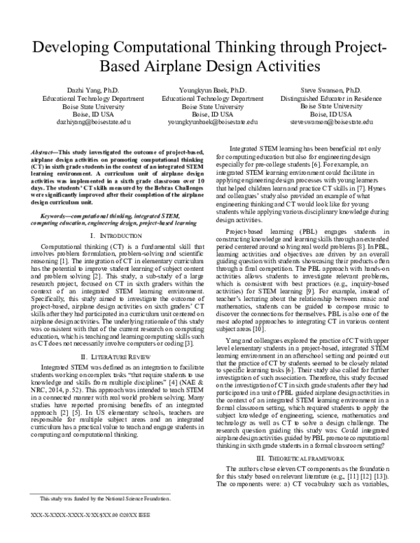 (PDF) Developing Computational Thinking through Project-Based Airplane Design Activities