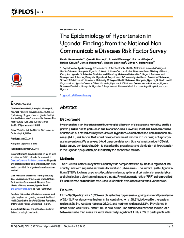 (PDF) The Epidemiology of Hypertension in Uganda: Findings from the National Non-Communicable ...