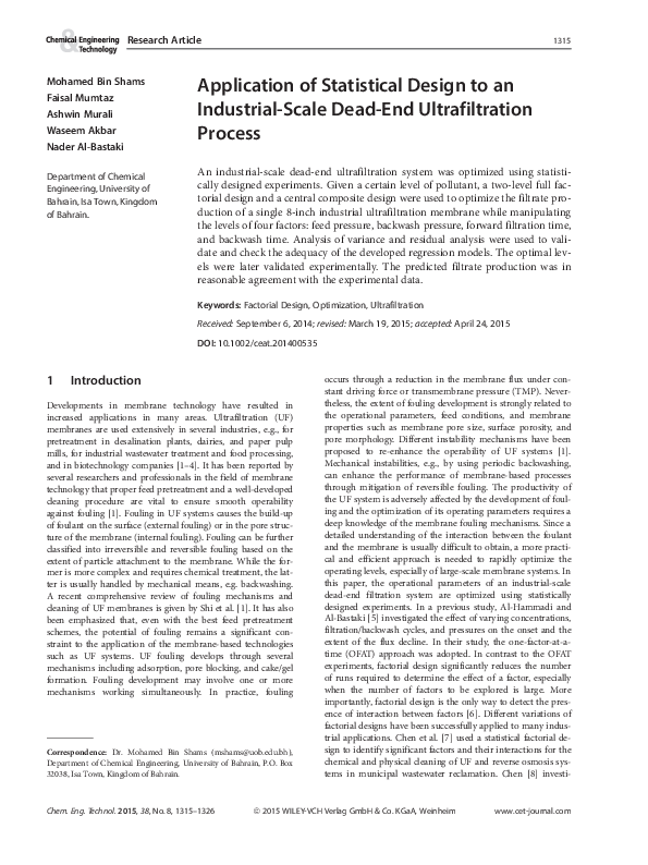 (PDF) Application of Statistical Design to an Industrial-Scale Dead-End ...