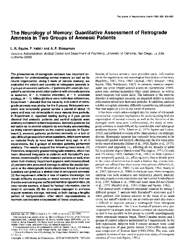 (PDF) The neurology of memory: quantitative assessment of retrograde ...