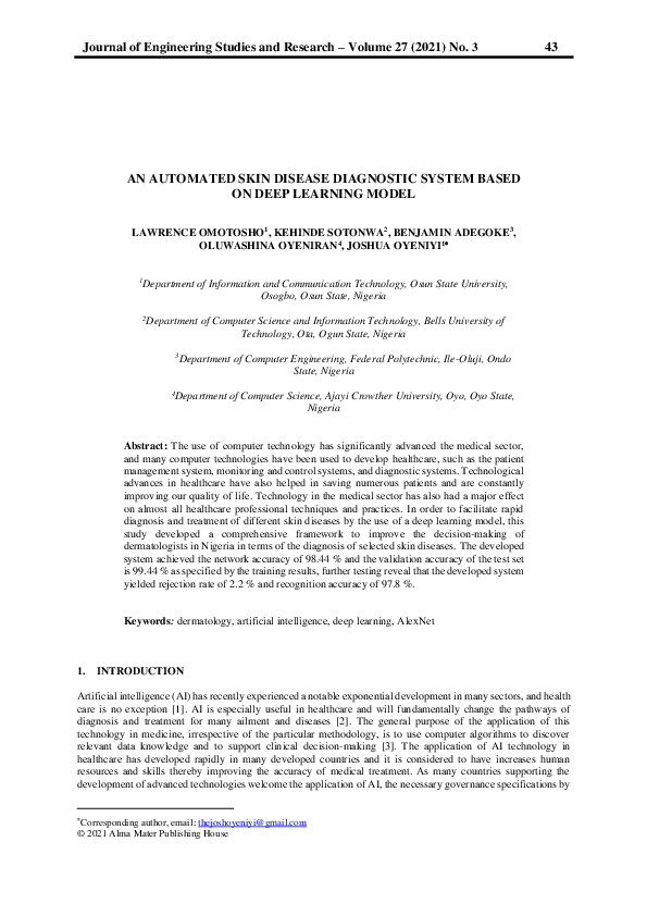 (PDF) An Automated Skin Disease Diagnostic System Based on Deep Learning Model | Lawrence ...