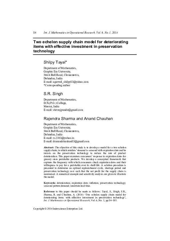 Pdf Two Echelon Supply Chain Model For Deteriorating Items With Effective Investment In
