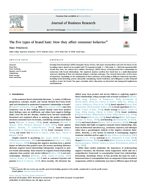 (PDF) The five types of brand hate: How they affect consumer behavior