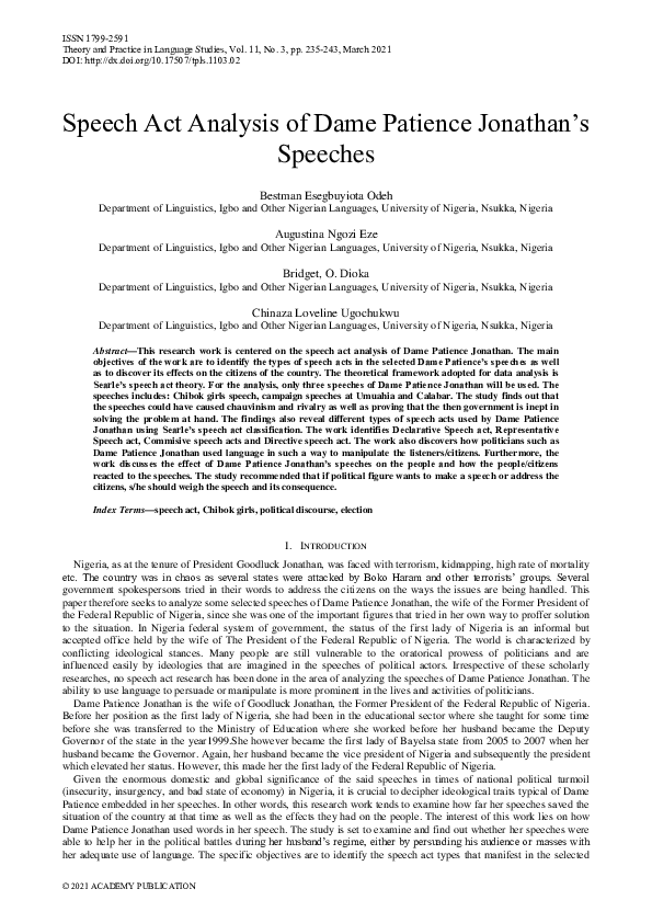 (PDF) Speech Act Analysis of Dame Patience Jonathan’s Speeches