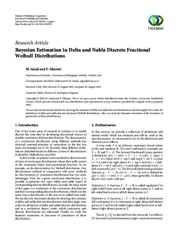 Pdf Bayesian Estimation In Delta And Nabla Discrete Fractional Weibull Distributions Masoud