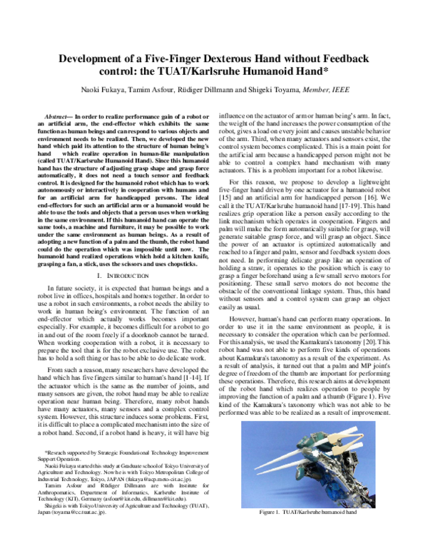 (PDF) Development of a five-finger dexterous hand without feedback control: The TUAT/Karlsruhe ...