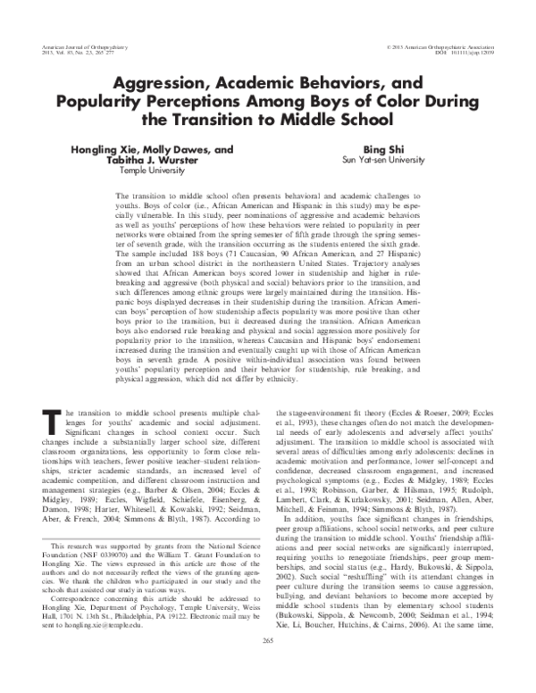 (PDF) Aggression, academic behaviors, and popularity perceptions among ...