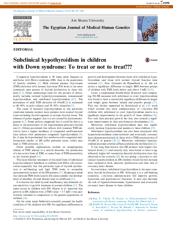 (PDF) Subclinical hypothyroidism in children with Down syndrome: To ...