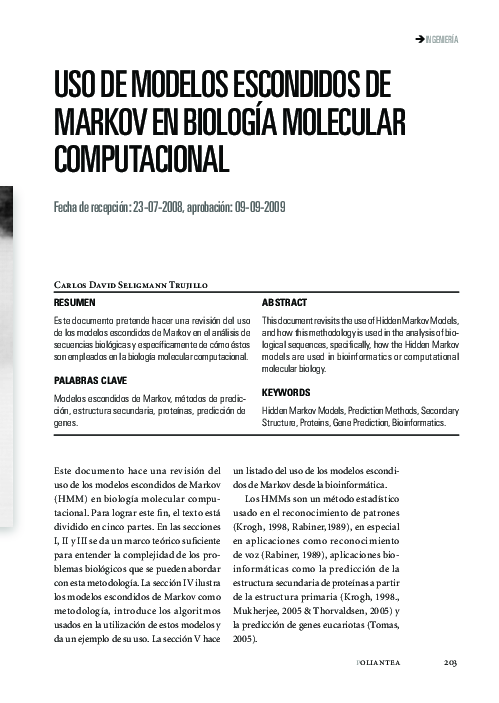 (PDF) Uso de los modelos escondidos de Markov en biología molecular ...