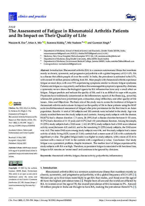 (PDF) The Assessment of Fatigue in Rheumatoid Arthritis Patients and Its Impact on Their Quality ...