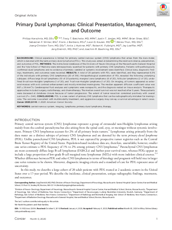 (PDF) Primary dural lymphomas: Clinical presentation, management, and ...