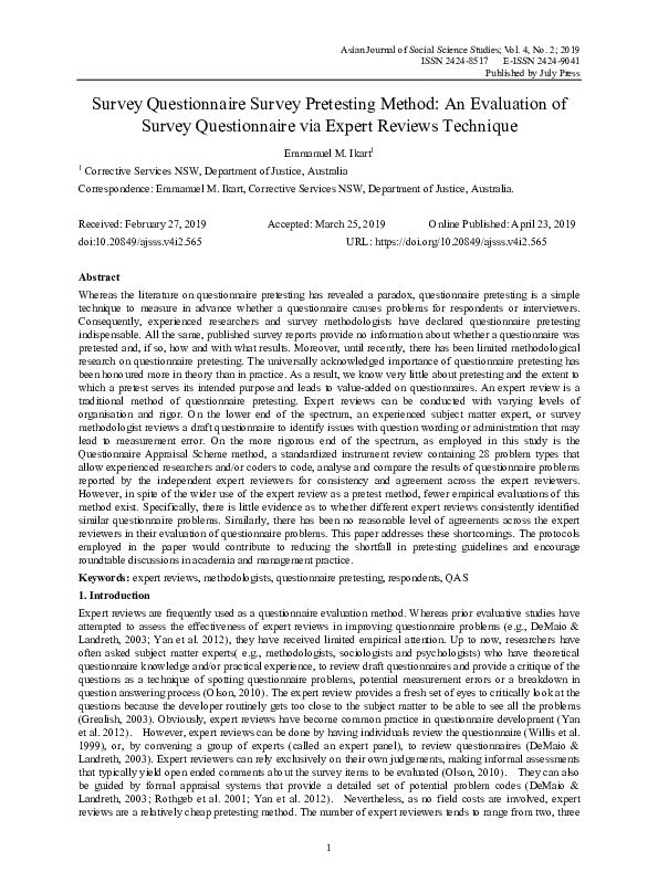 (PDF) Survey Questionnaire Survey Pretesting Method: An Evaluation of ...