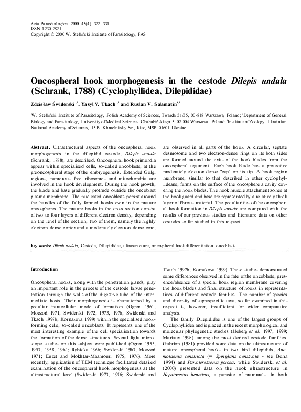 (PDF) Oncospheral hook morphogenesis in the cestode Dilepis undula ...