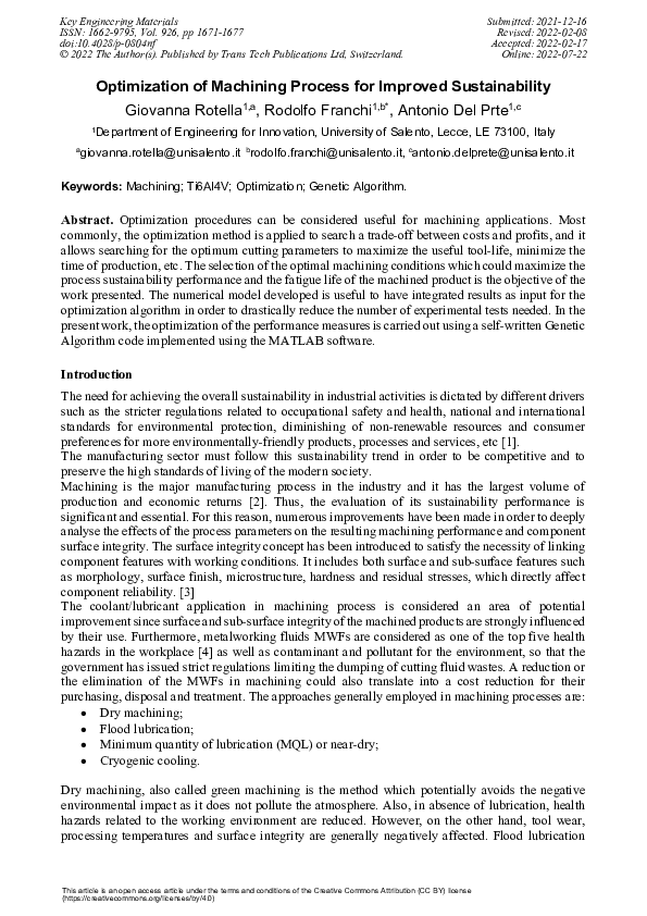 (PDF) Optimization of Machining Process for Improved Sustainability