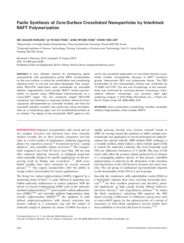 (PDF) Facile synthesis of core-surface crosslinked nanoparticles by interblock RAFT polymerization