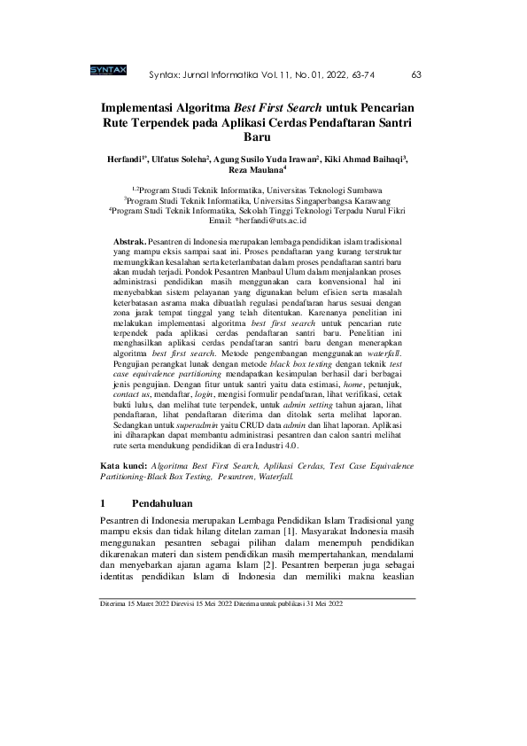 Pdf Implementasi Algoritma Best First Search Untuk Pencarian Rute 4979