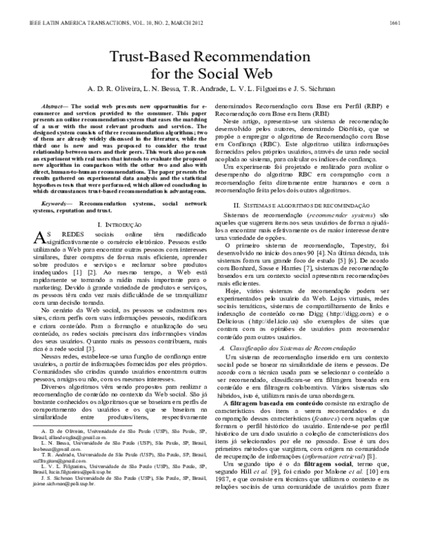 Pdf Trust Based Recommendation For The Social Web Lucia Vilela