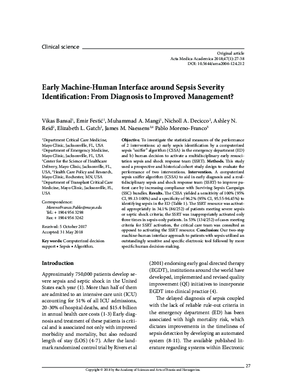 (PDF) Early Machine-Human Interface around Sepsis Severity ...