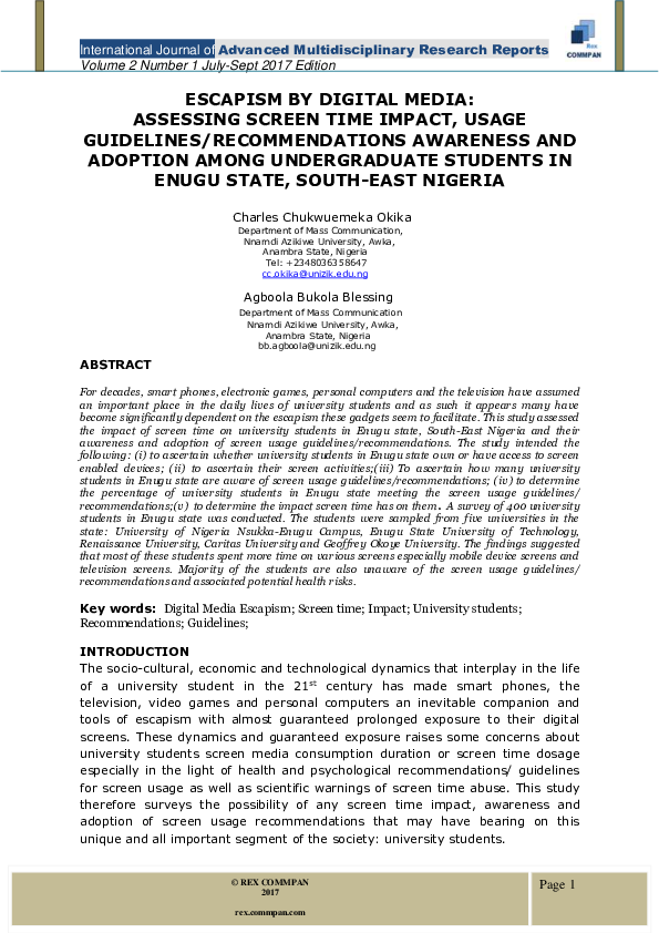 (PDF) Escapism by Digital Media: Assessing Screen Time Impact, Usage ...