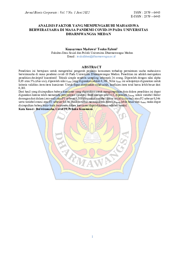 (PDF) Analisis Faktor Yang Mempengaruhi Mahasiswa Berwirausaha DI Masa Pandemi COVID-19 Pada ...