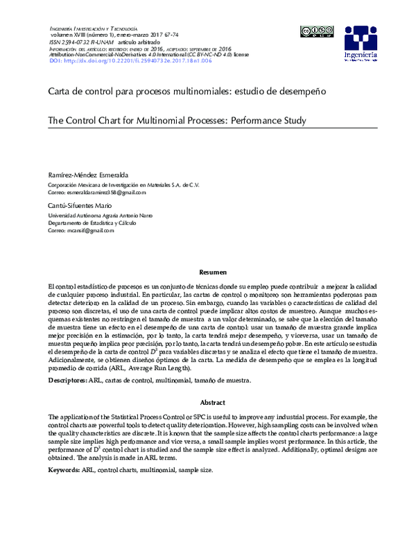 (PDF) Carta de control D^2 para procesos multinomiales: estudio de desempeño