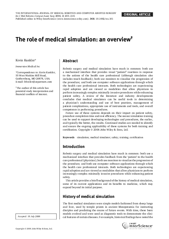 (PDF) The role of medical simulation: an overview