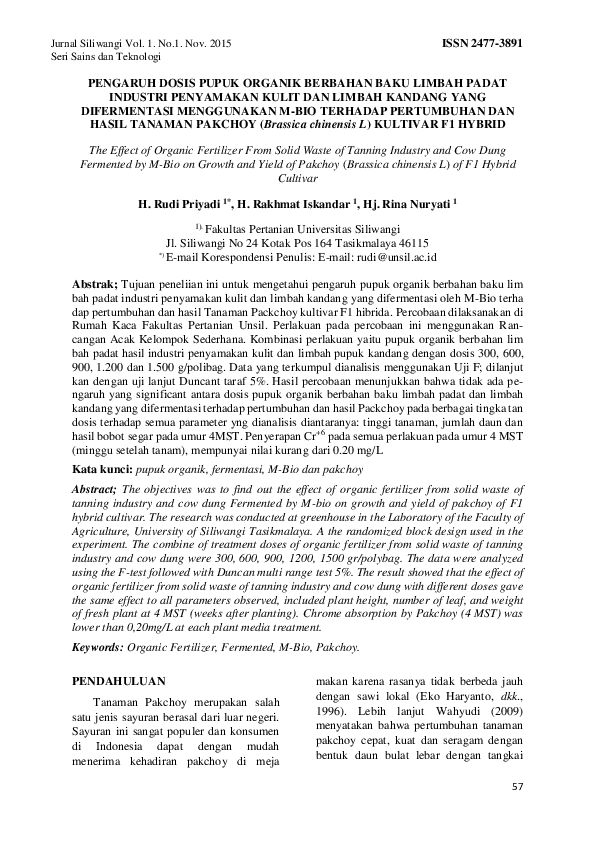 (PDF) PENGARUH DOSIS PUPUK ORGANIK BERBAHAN BAKU LIMBAH PADAT INDUSTRI PENYAMAKAN KULIT DAN ...