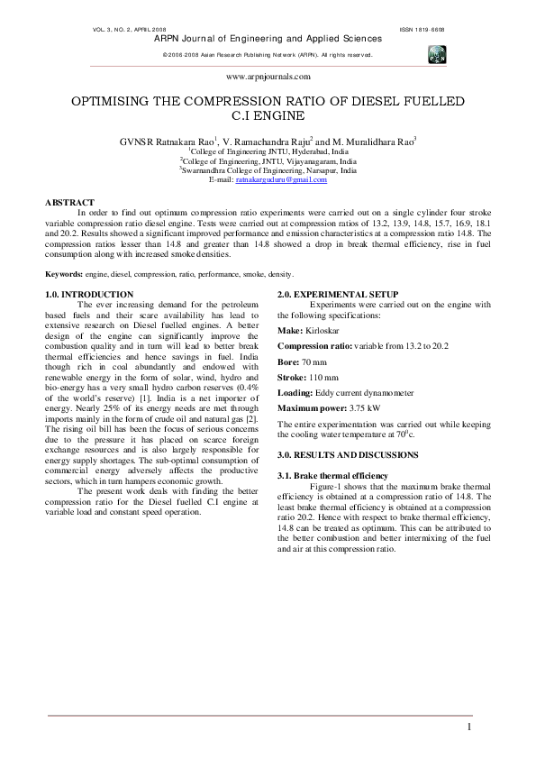 (PDF) Optimising the compression ratio of diesel fuelled CI engine