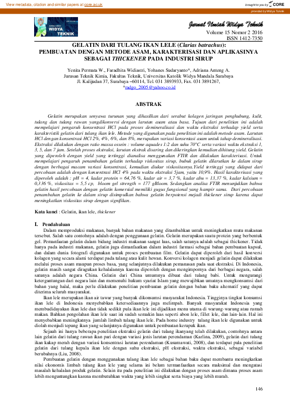 (PDF) Gelatin Dari Tulang Ikan Lele (Clarias Batrachus): Pembuatan Dengan Metode Asam ...