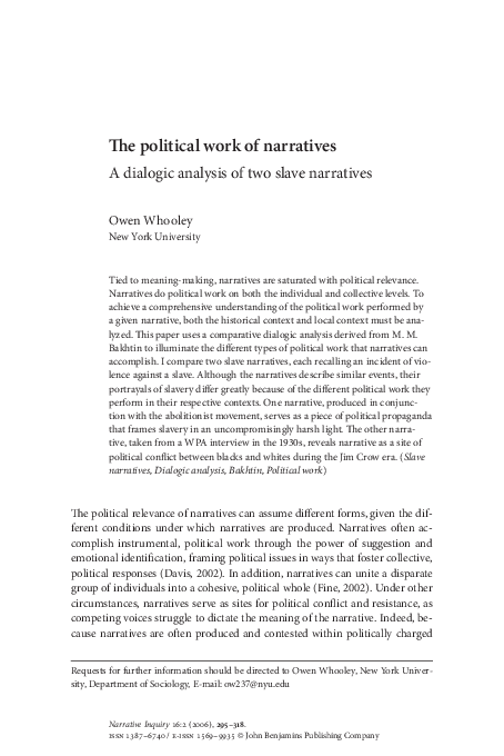 (PDF) Political Contributions of Slave Narratives: A Dialogic Analysis