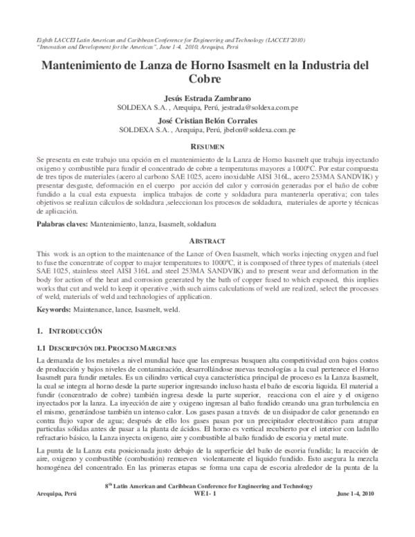 (PDF) Mantenimiento de Lanza de Horno Isasmelt en la Industria del Cobre