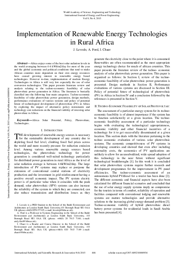 (PDF) Implementation Of Renewable Energy Technologies In Rural Africa