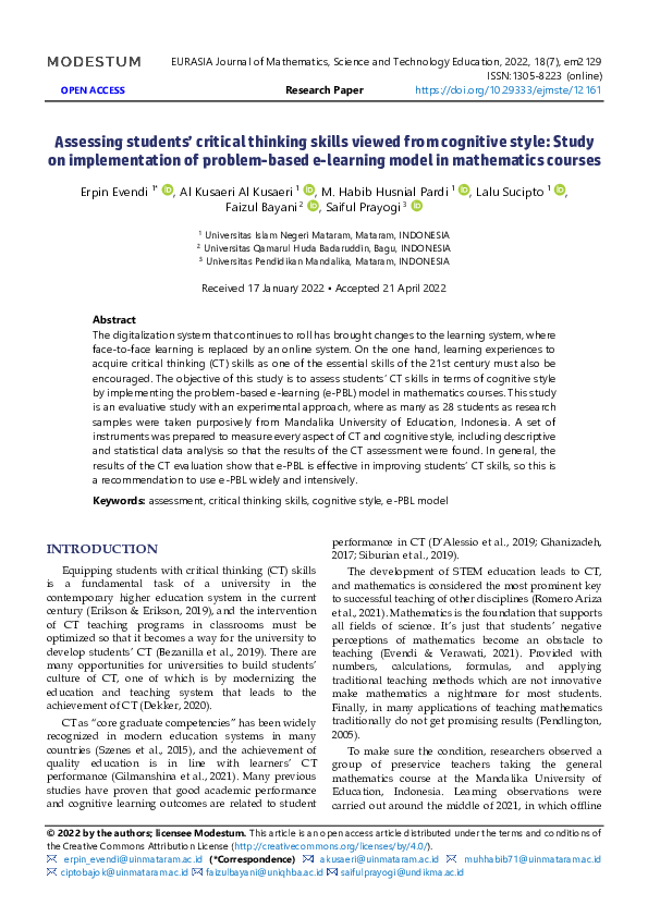 (PDF) Assessing students’ critical thinking skills viewed from cognitive style: Study on ...