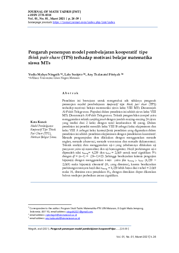 (PDF) Pengaruh Penerapan model pembelajaran kooperatif tipe think pair share pada pembelajaran ...