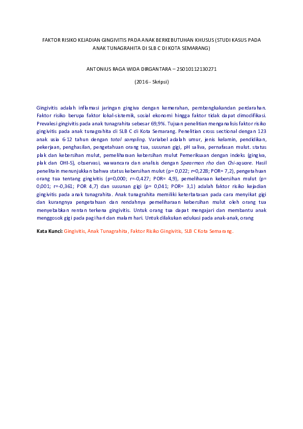 (PDF) Faktor Risiko Kejadian Gingivitis Pada Anak Berkebutuhan Khusus (Studi Kasus Pada Anak ...