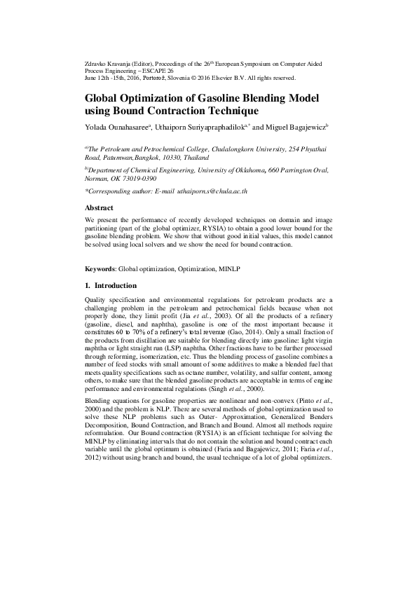 (PDF) Global Optimization of Gasoline Blending Model using Bound Contraction Technique