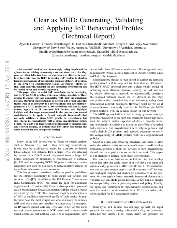 (PDF) Generating MUD Profiles for Secure IoT Device Behavior