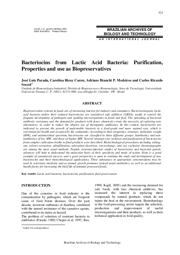 (PDF) Bacteriocins from lactic acid bacteria: purification, properties and use as biopreservatives