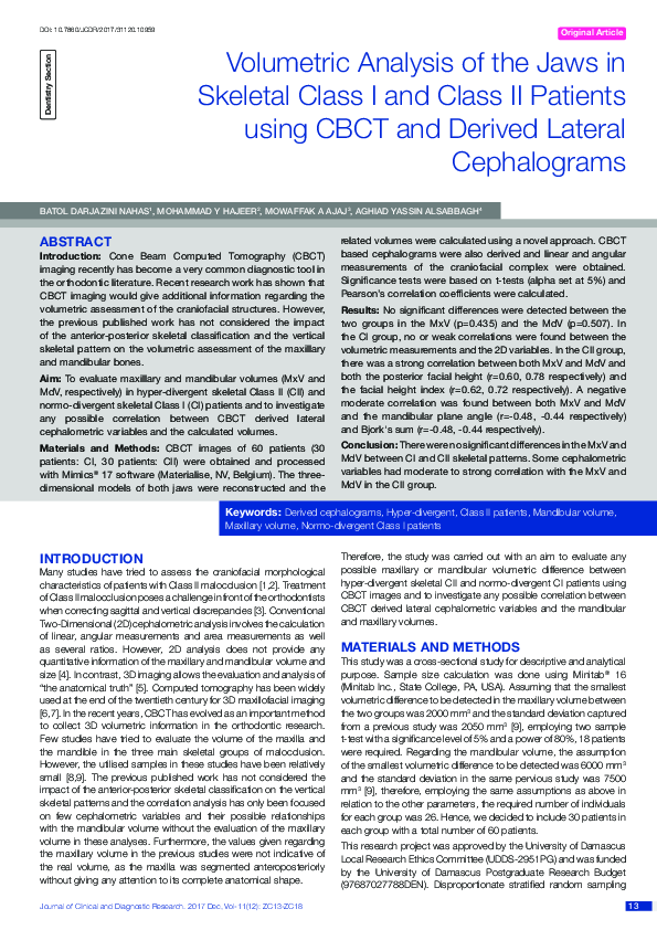 (PDF) Volumetric Analysis of the Jaws in Skeletal Class I and Class II ...