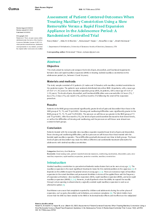 (PDF) Assessment of Patient-Centered Outcomes When Treating Maxillary ...