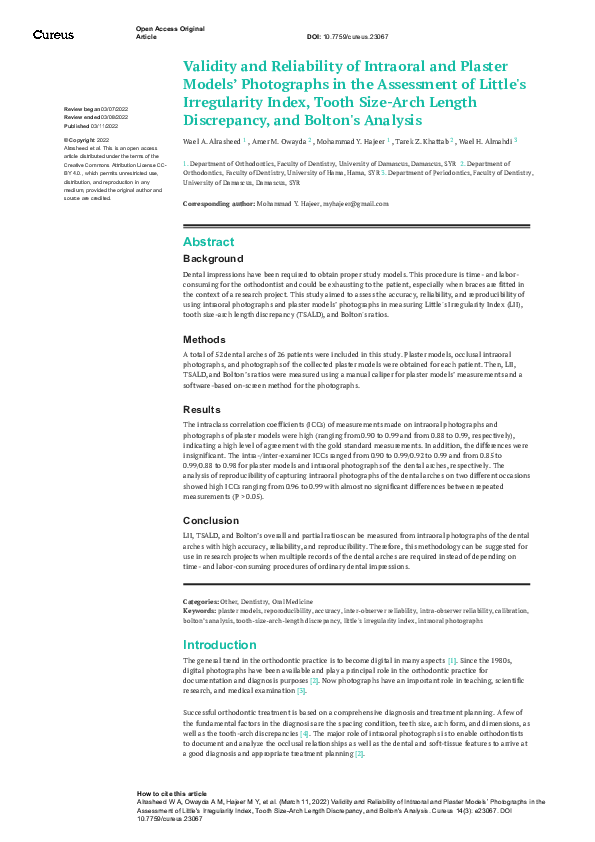 (PDF) Validity and Reliability of Intraoral and Plaster Models ...