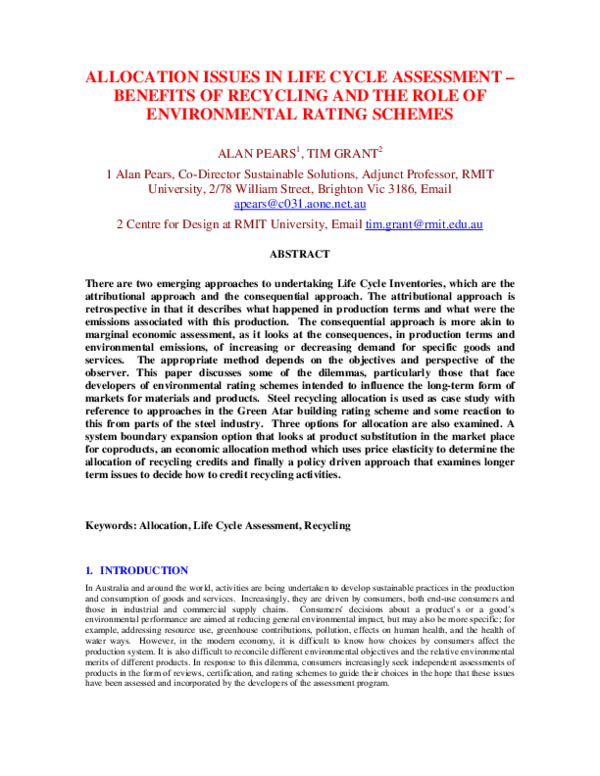 (PDF) Allocation Issues in Life Cycle Assessment benefits of Recycling ...